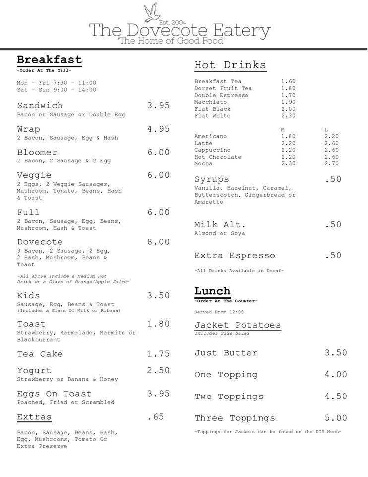 Menu at The Dovecote Eatery cafe, Fareham