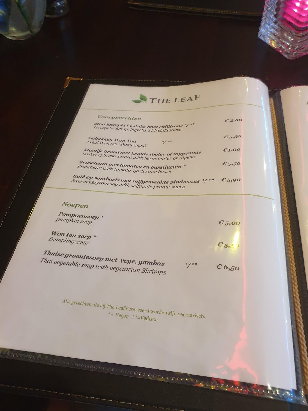Menu at The Leaf, The Hague