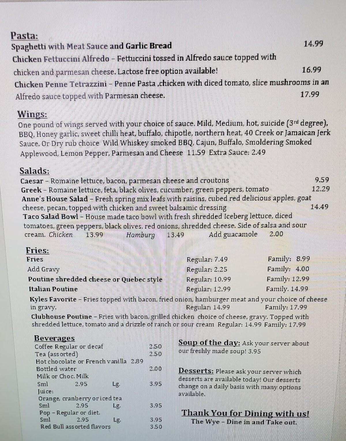Menu at The Wye Restaurant & Bar, Iroquois Falls