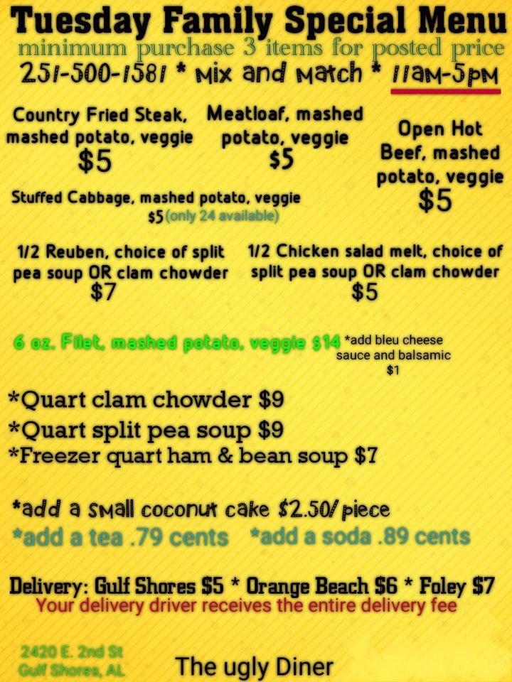 Menu at The ugly Diner restaurant, Gulf Shores