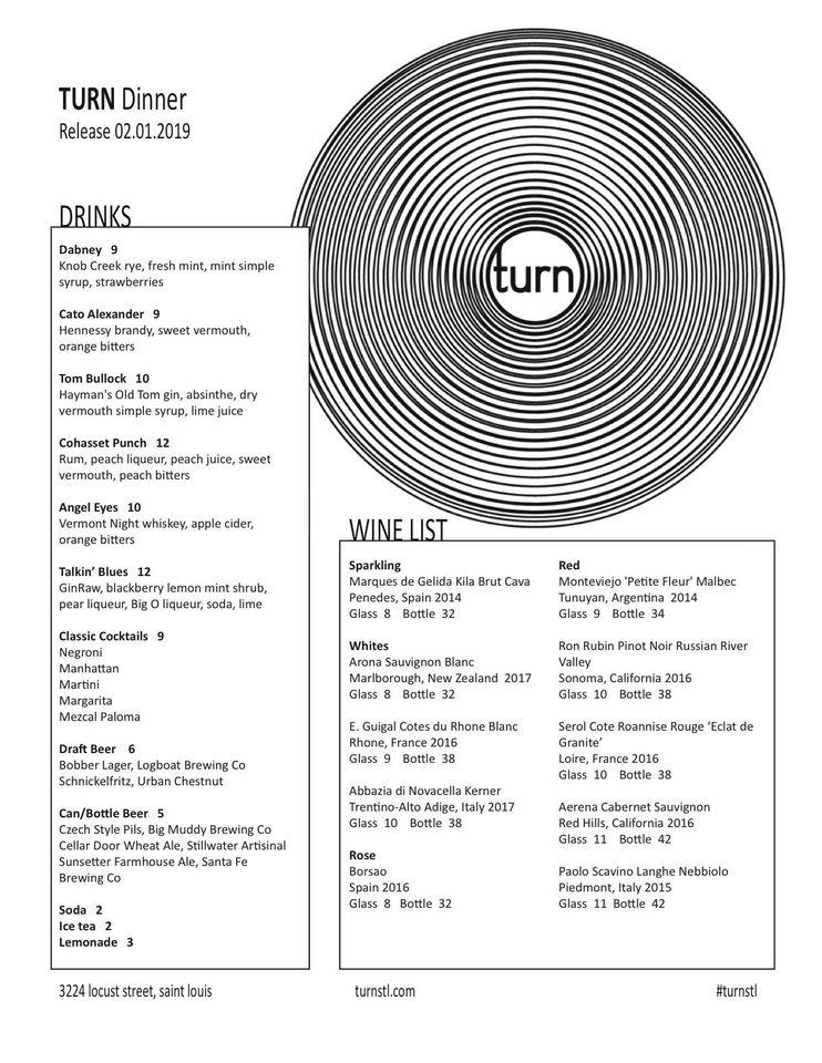 Menu at Turn restaurant, St. Louis