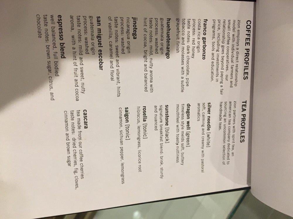 Menu at Zion Coffee Bar, Peoria