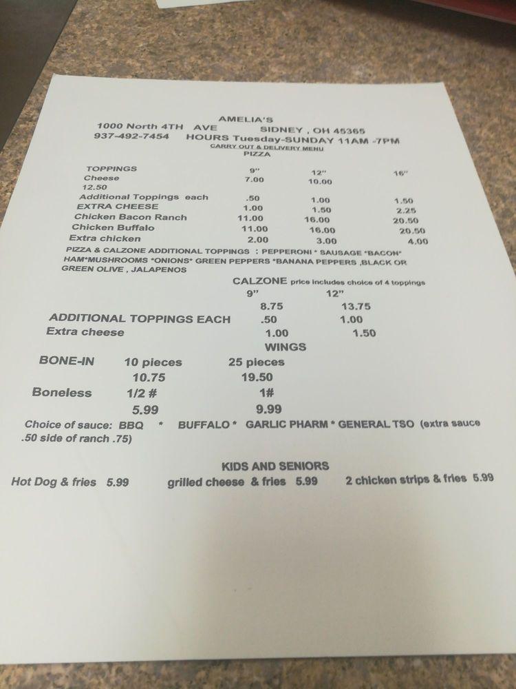Menu at Amelia's pizzeria, Sidney