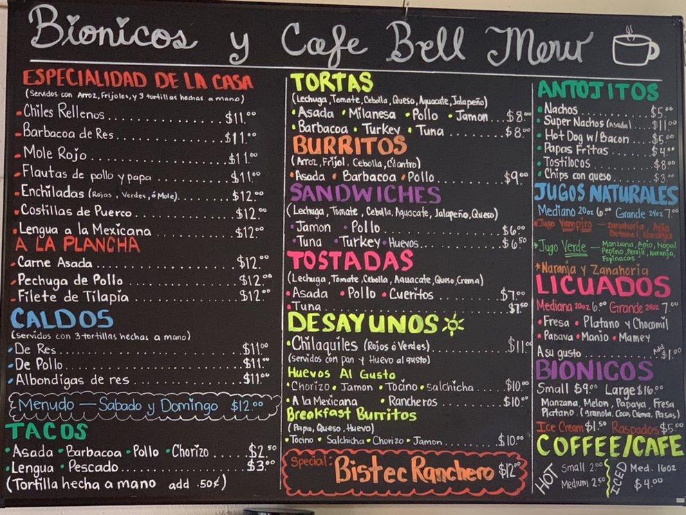 Menu at Bionicos Y Cafe Bell, Bell