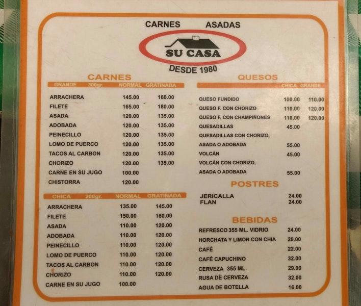 Menu at Carnes Asadas Su Casa steakhouse, Guadalajara