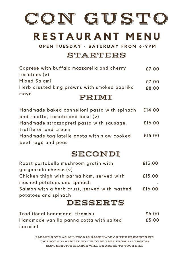 Menu at Con Gusto restaurant, London, 54 No 1 St