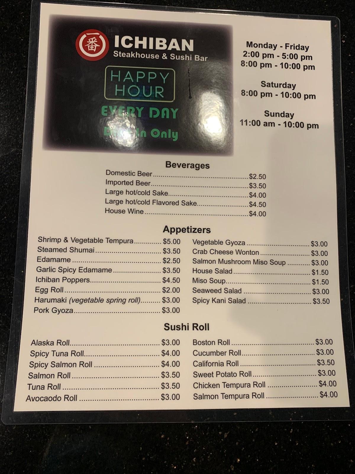 Menu at Ichiban Japanese steakhouse, Pooler