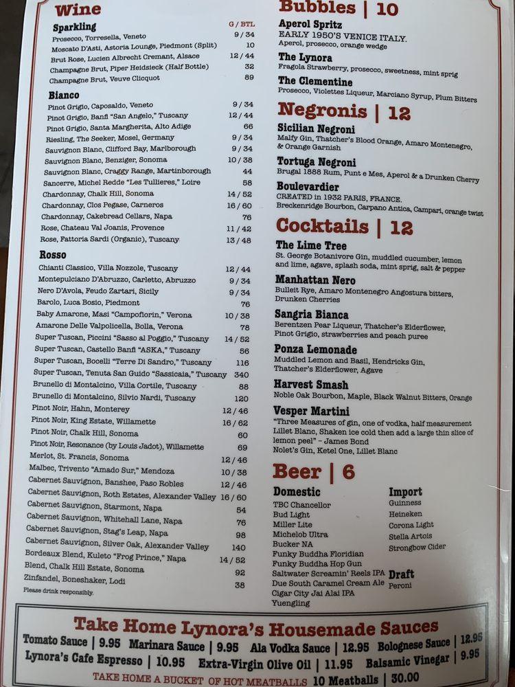 Menu at Lynora's Jupiter pub & bar, Jupiter, US-1