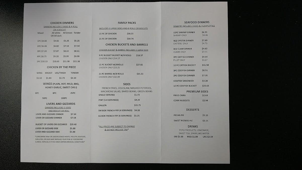 Menu at Maryland Fried Chicken of Sebring restaurant, Sebring