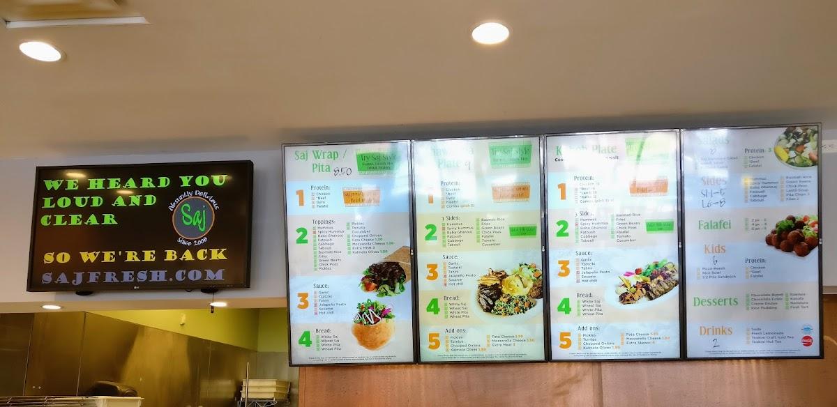Menu at Saj Fresh Grill restaurant, Aurora, S Parker Rd