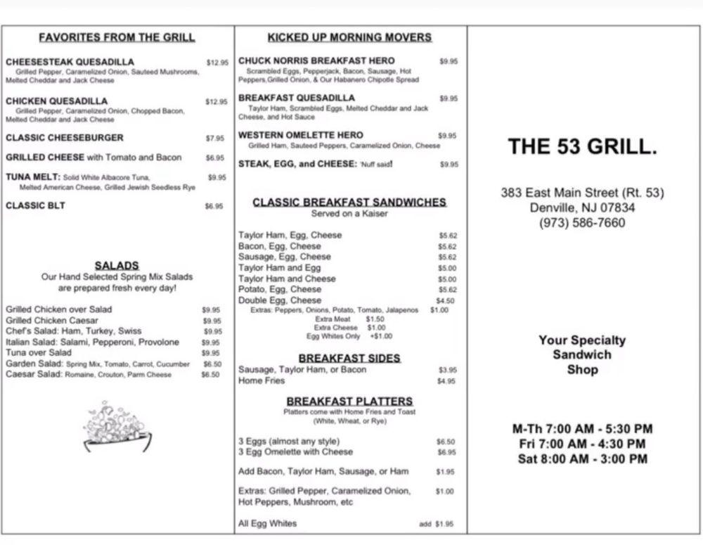 Menu at The 53 Grill cafe, Denville