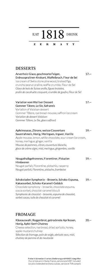 Menu at 1818 Eat & Drink, Zermatt