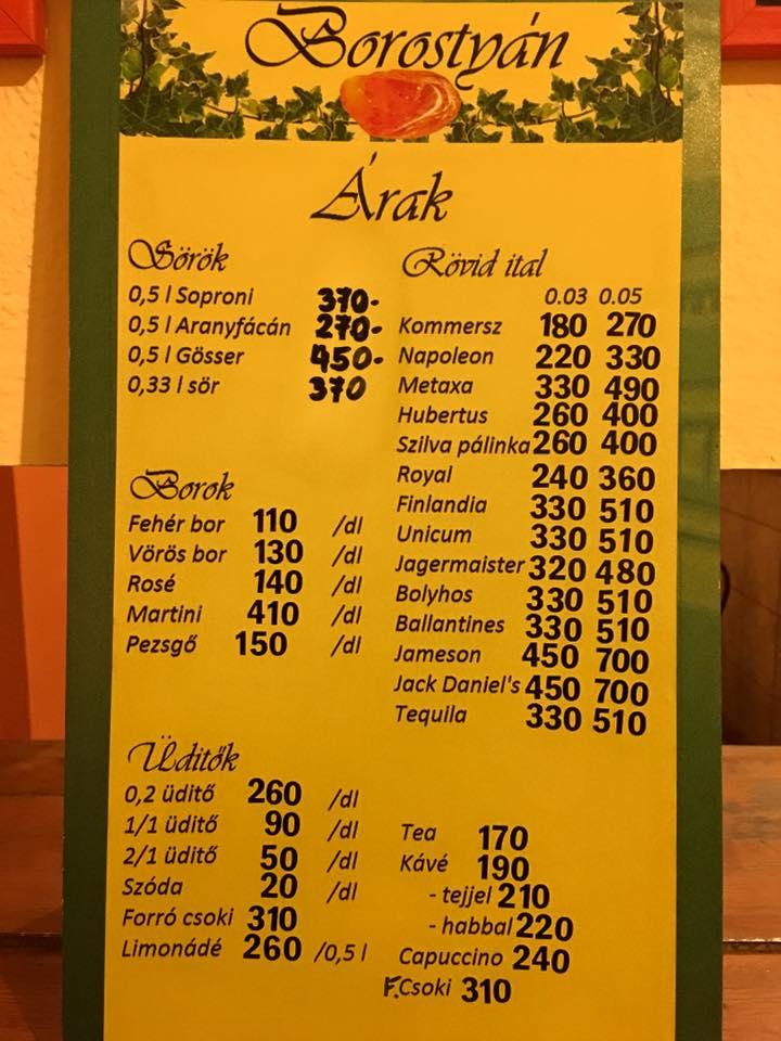 Menu at BOROSTYÁN SÖRÖZŐ club, Budapest