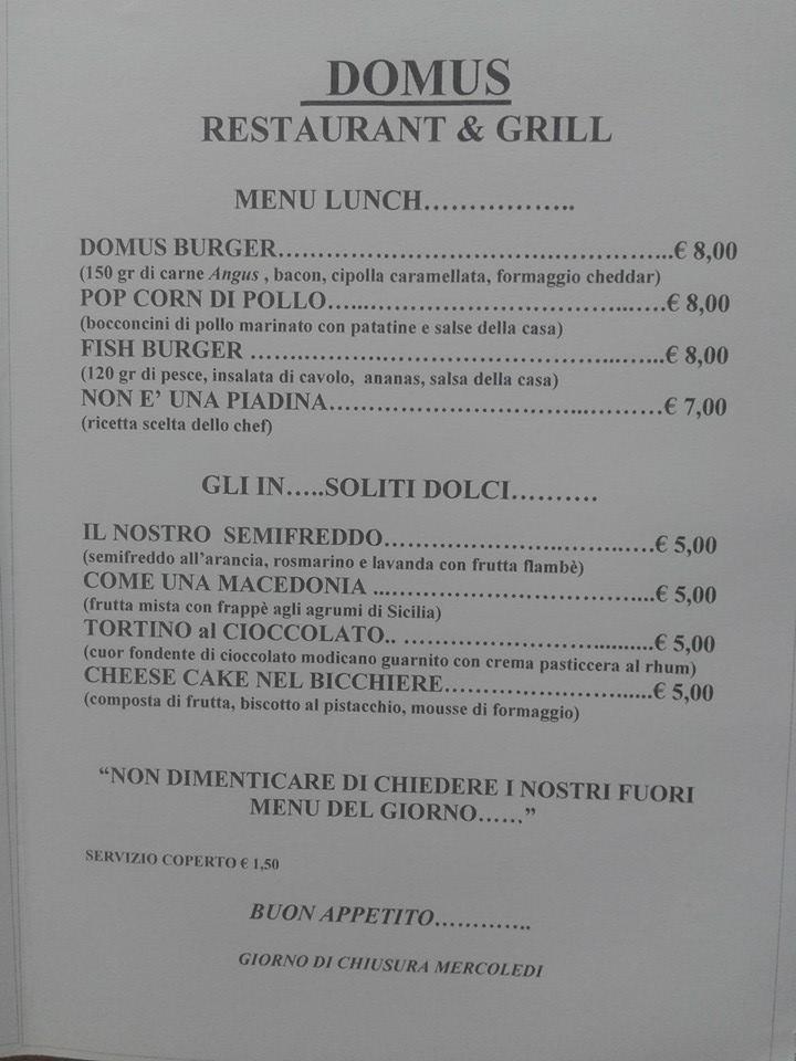 Speisekarte von Domus Restaurant and Grill, Modica
