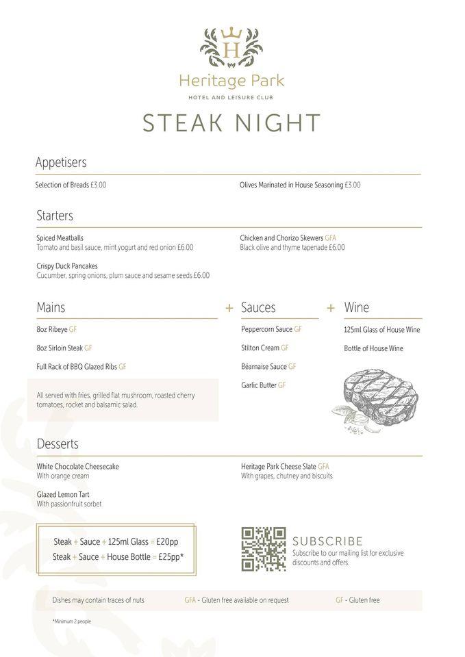 Menu at Heritage Park Hotel restaurant, Porth