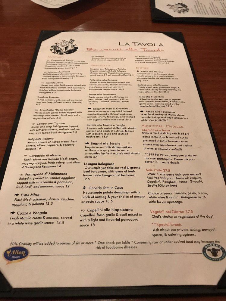 Menu at La Tavola pizzeria, Baltimore, 248 Albemarle St