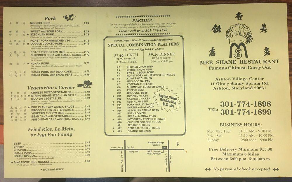Menu at Mee Shane restaurant & carryout, Ashton-Sandy Spring