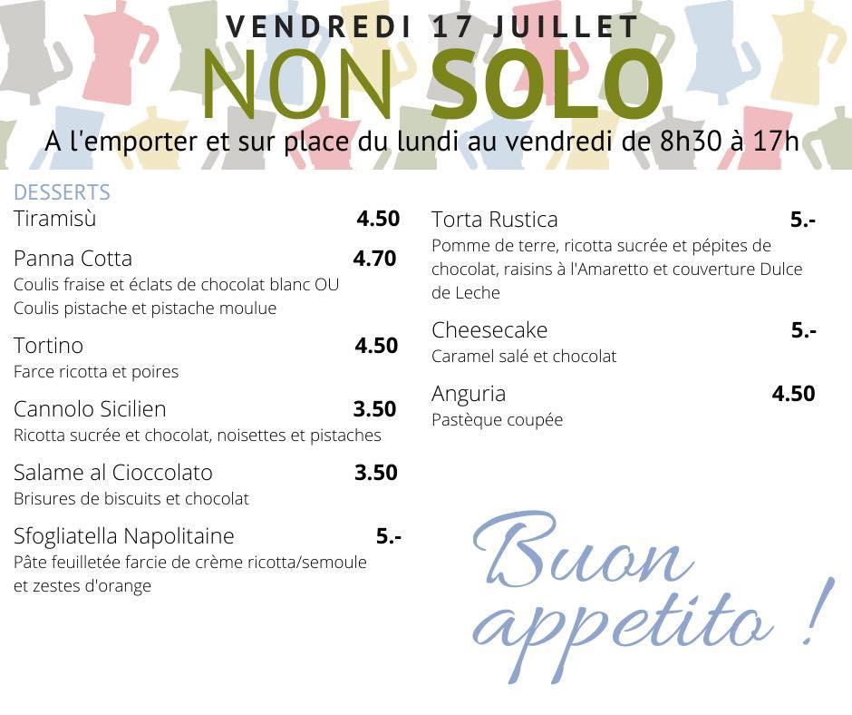 Carta de Non Solo Traiteur italien Lausanne, Lausana