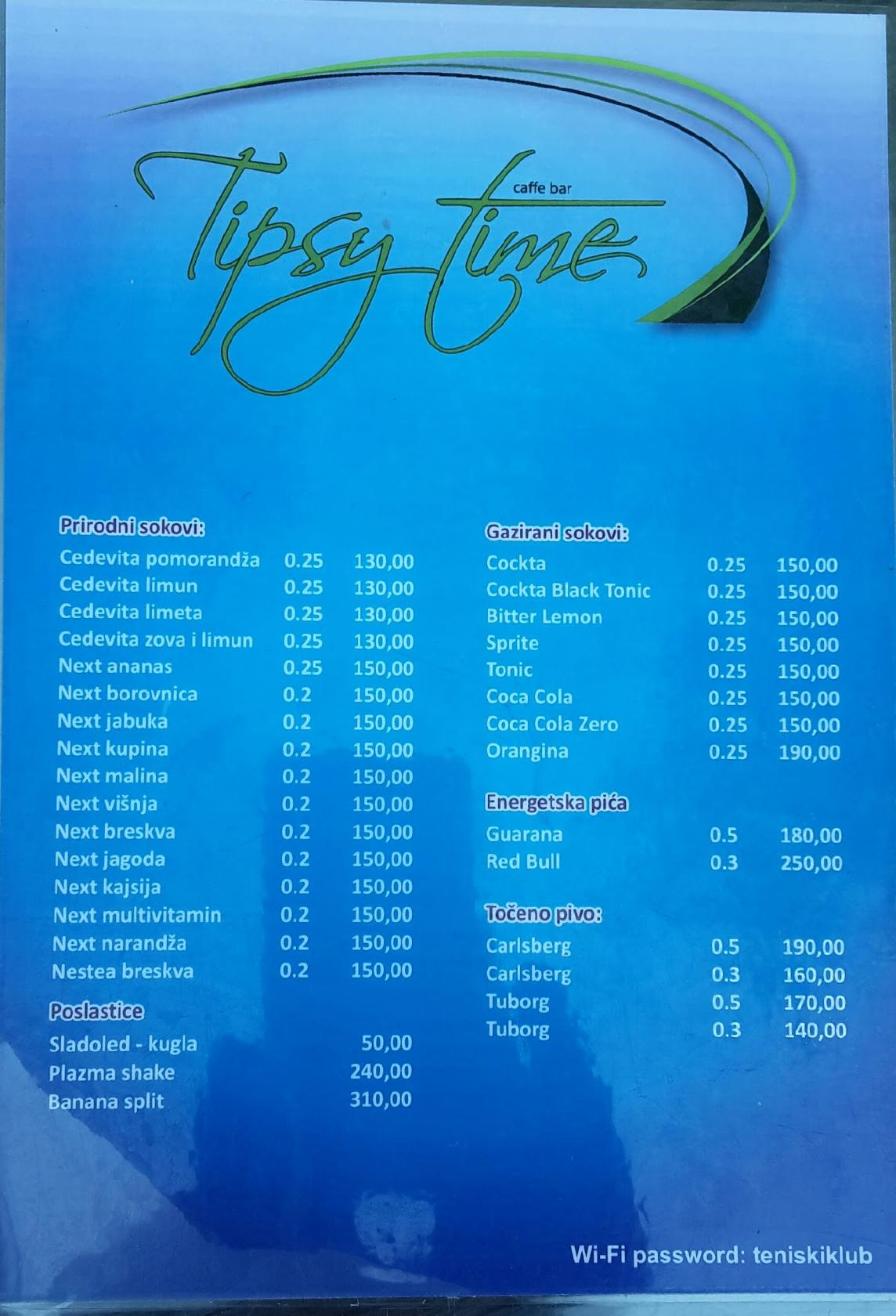Menu at Tipsy Time cafe, Belgrade