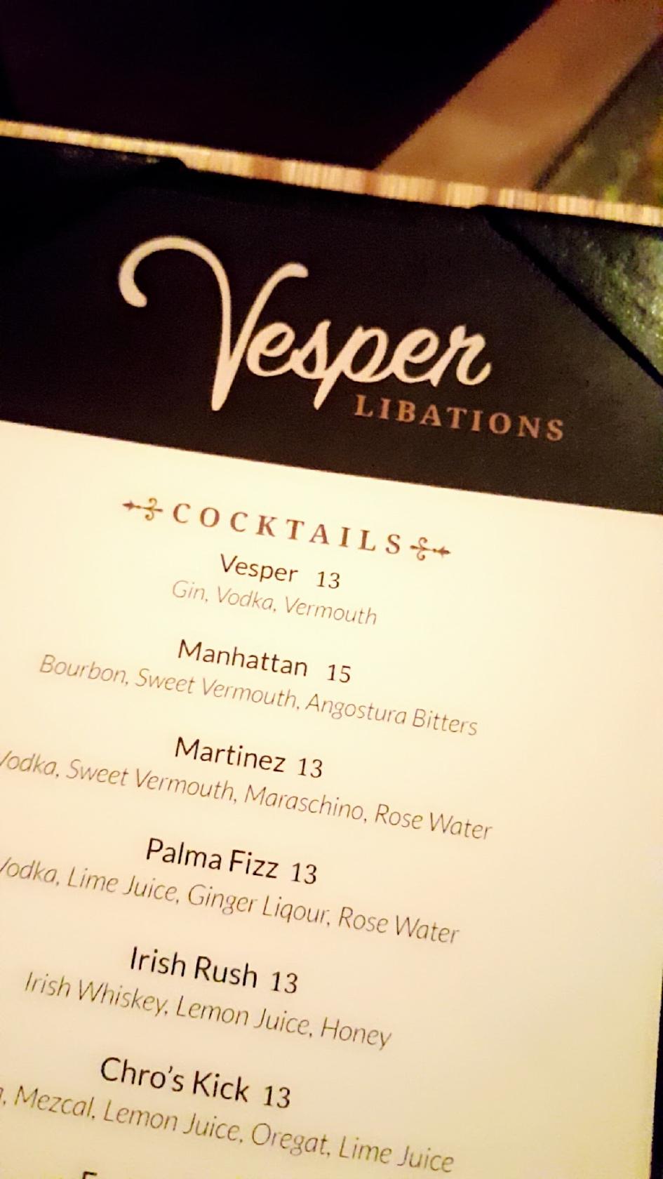 Carta del pub y bar Vesper Center City, Filadelfia, 223 S Sydenham St