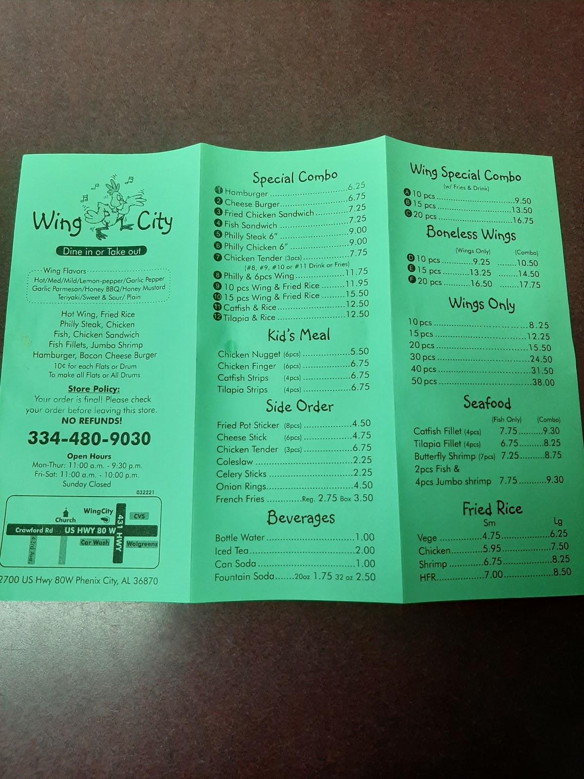 Menu at Wing City restaurant, Phenix City