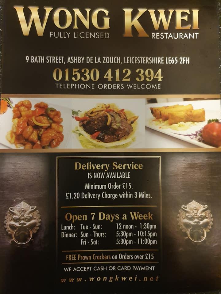 Menu at Wong Kwei Restaurant, Ashby-de-la-Zouch