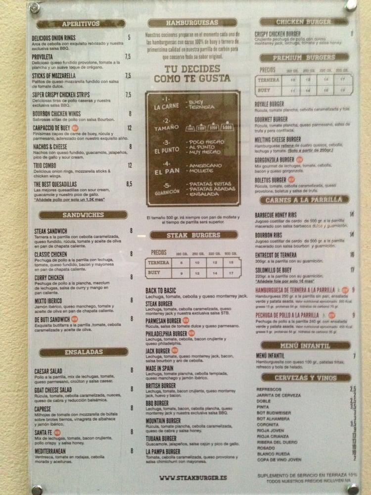 Menu at Steak Burger BBQ, Madrid, Calle de la Virgen de los Peligros