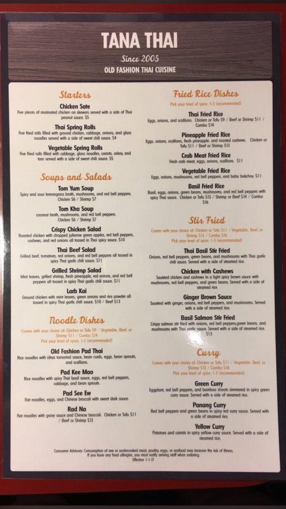 Menu at Tana Thai Bistro restaurant, Oklahoma City