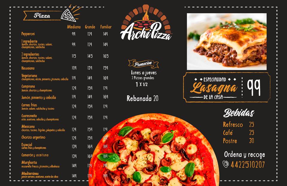 Menu at Archi Pizza restaurant, Santiago de Querétaro