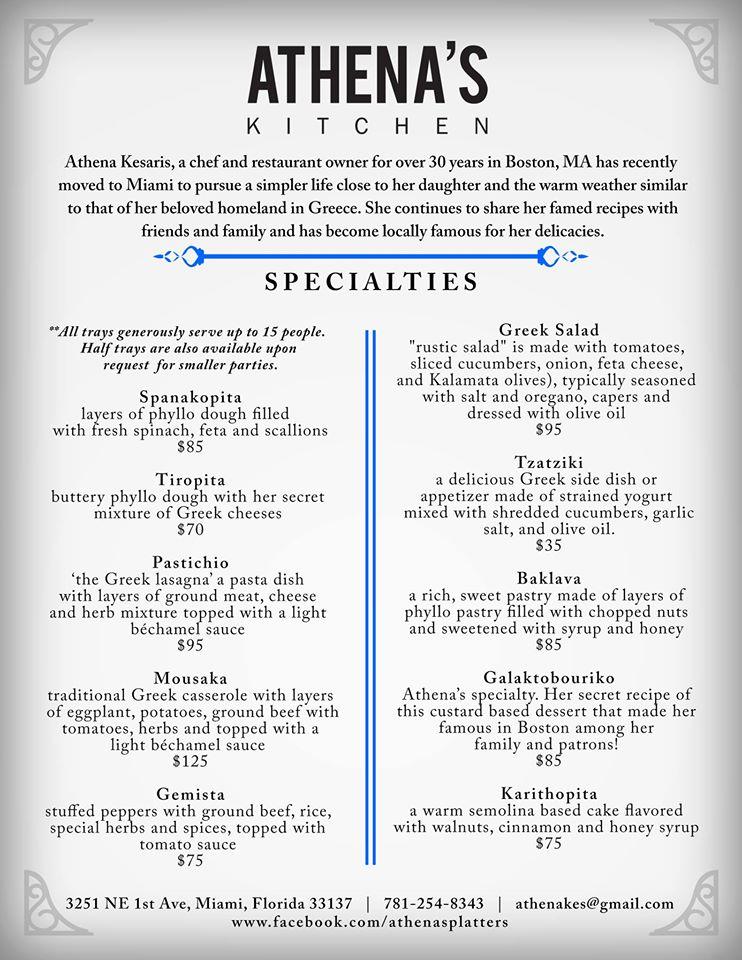 Menu at Athena's Kitchen restaurant, Miami