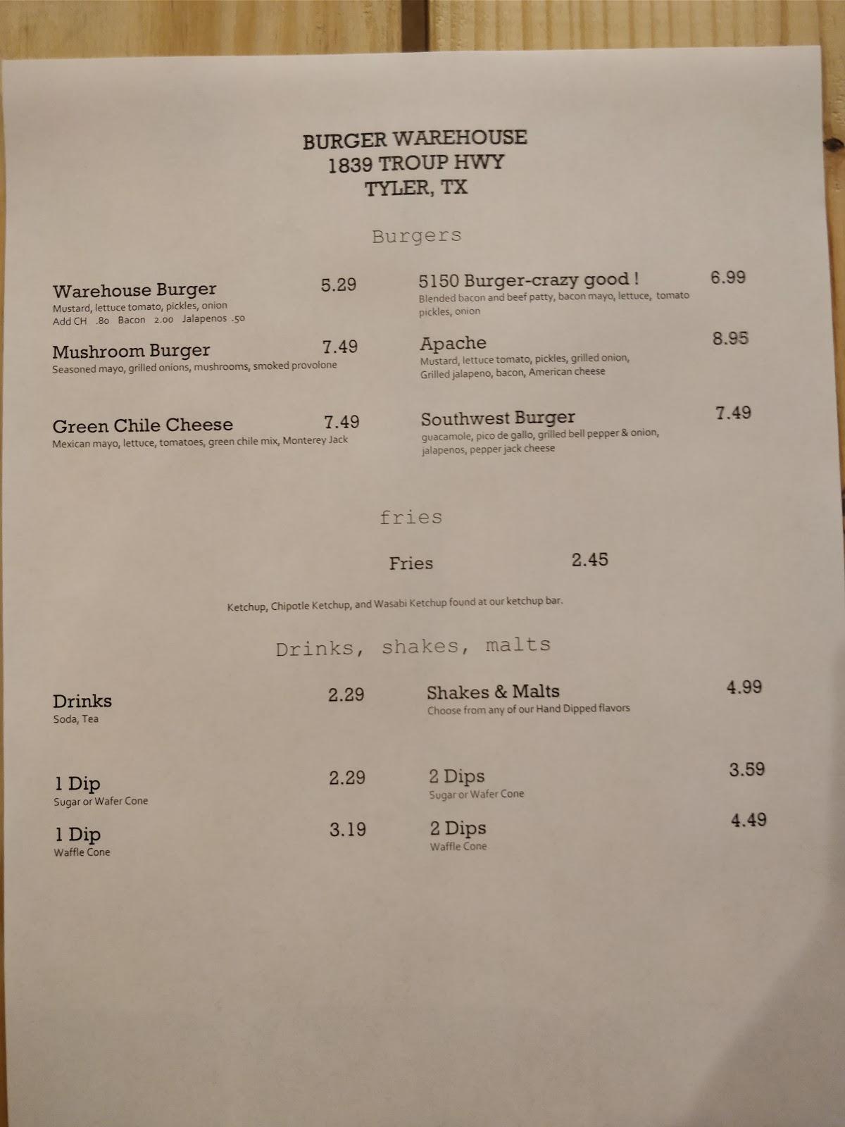 Menu at Burger Warehouse restaurant, Tyler