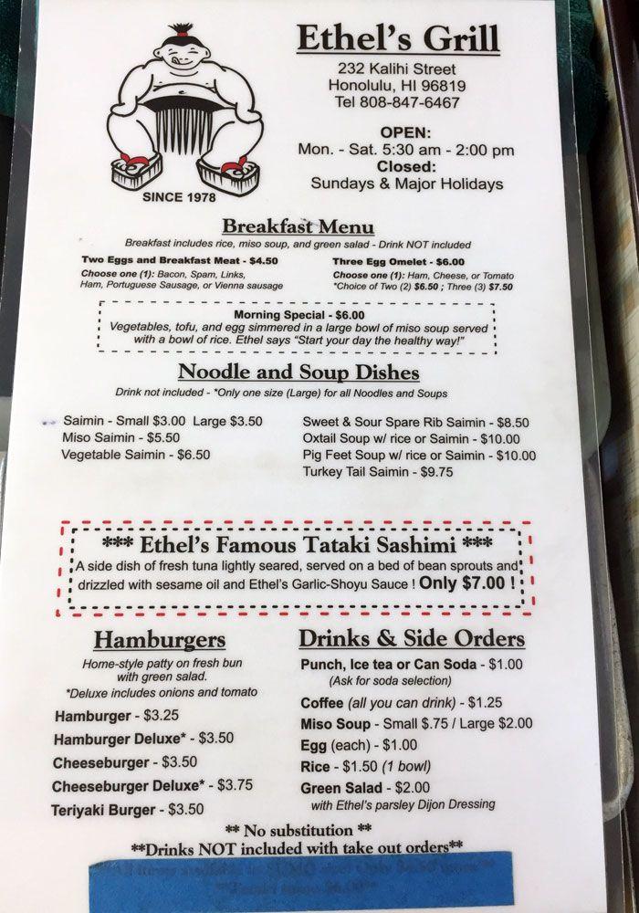 Menu at Ethel's Grill restaurant, Honolulu