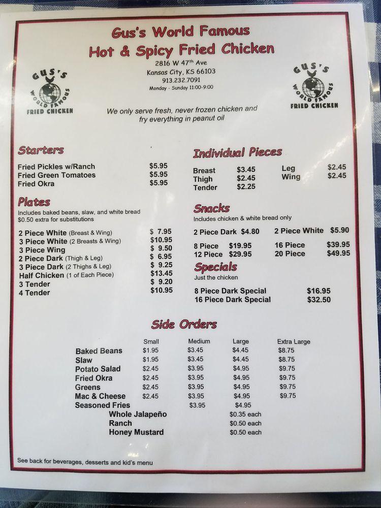 Menu at Gus's World Famous Fried Chicken restaurant, Kansas City