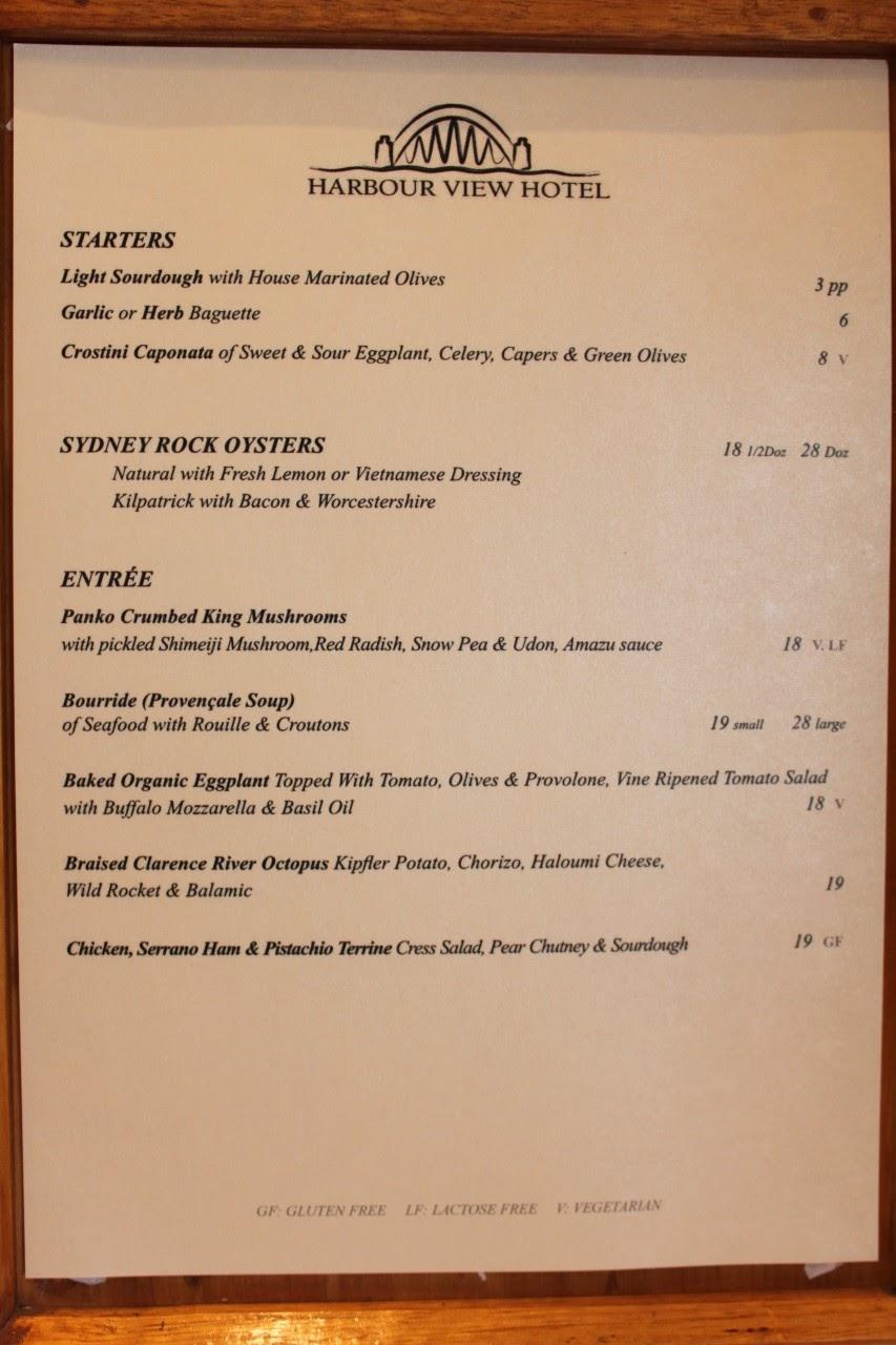 Menu at Harbour View Hotel, The Rocks restaurant, Dawes Point