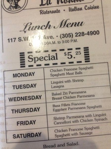 Menu at La Nonna Italian Restaurant, Miami