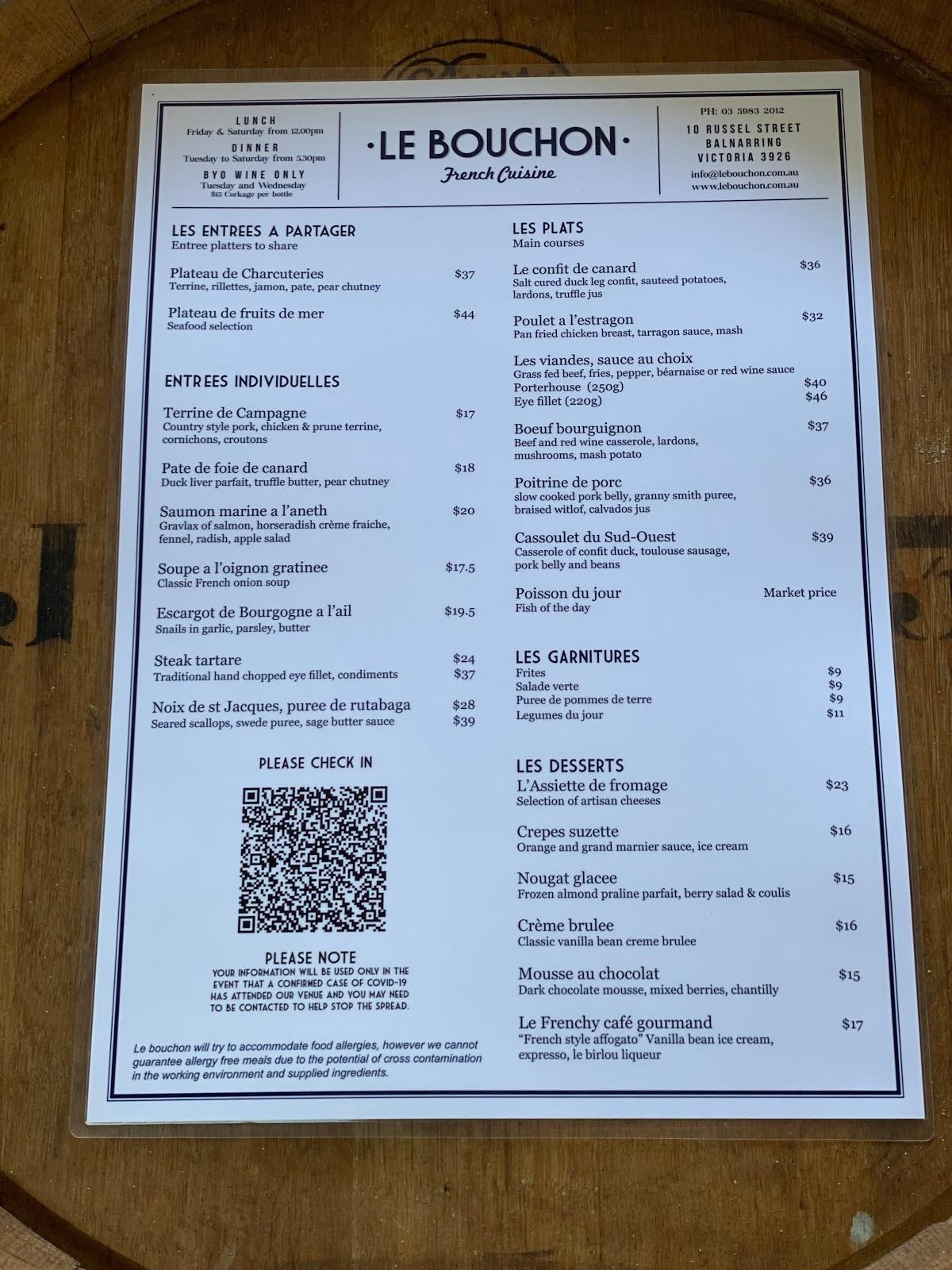 Menu at Le Bouchon French Cuisine fast food, Balnarring