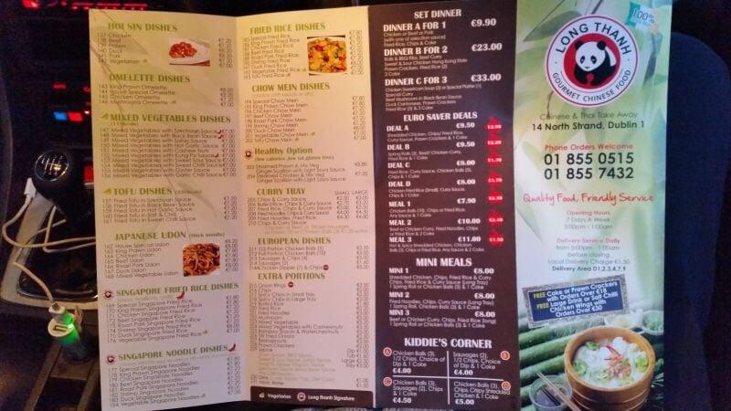 Menu at Long Thanh Chinese restaurant, Dublin