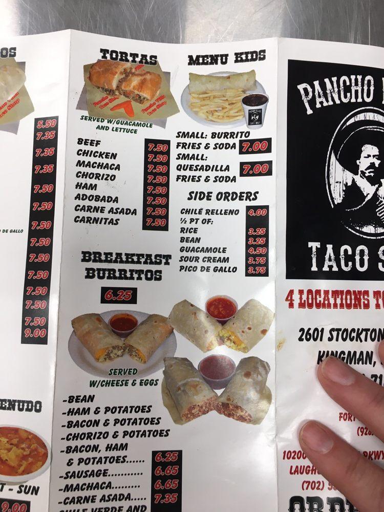 Menu at Pancho Villa Taco Shop restaurant, Kingman