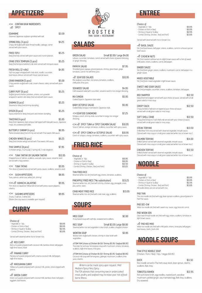 Menu at Rooster Thai Sushi restaurant, Port Richey