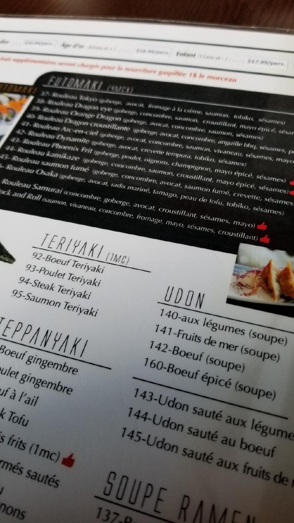 Menu at Sushi Samurai restaurant, Québec City