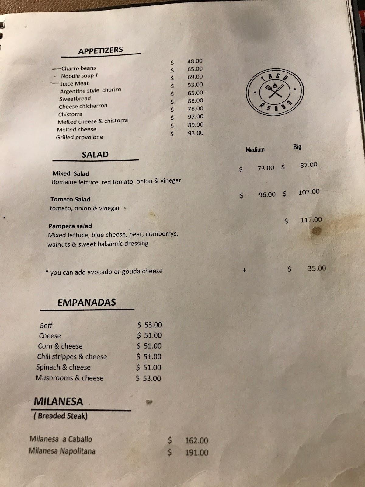 Carta del restaurante Taco Asado Monumento, Ciudad del México