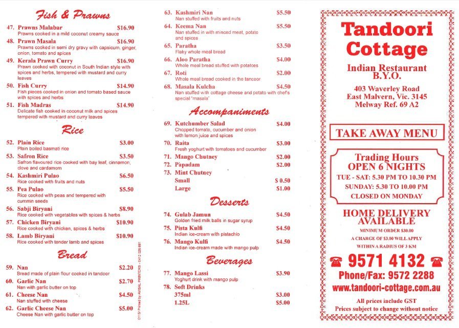 Menu at Tandoori Cottage restaurant, Malvern East