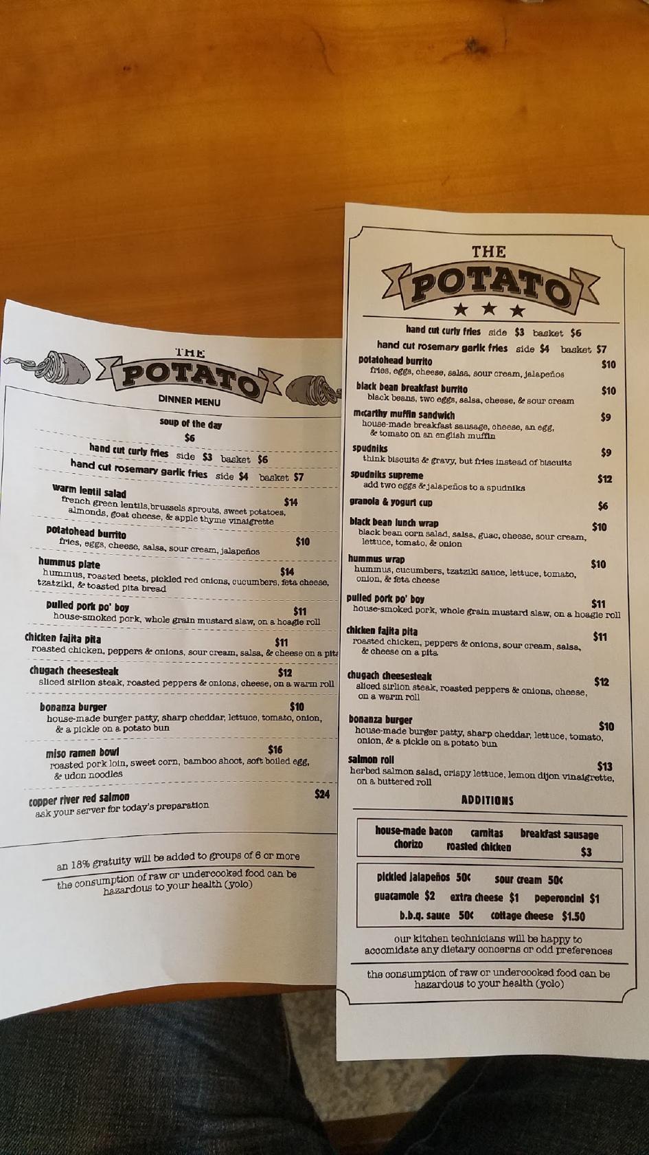 Menu at The Potato cafe, McCarthy