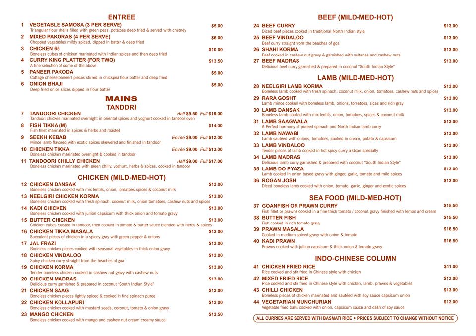 Menu at Curry King Indian Takeaway fast food, Auckland