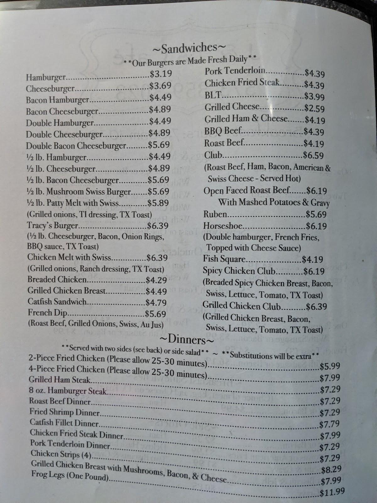 Menu at J and J's Restaurant, Belle