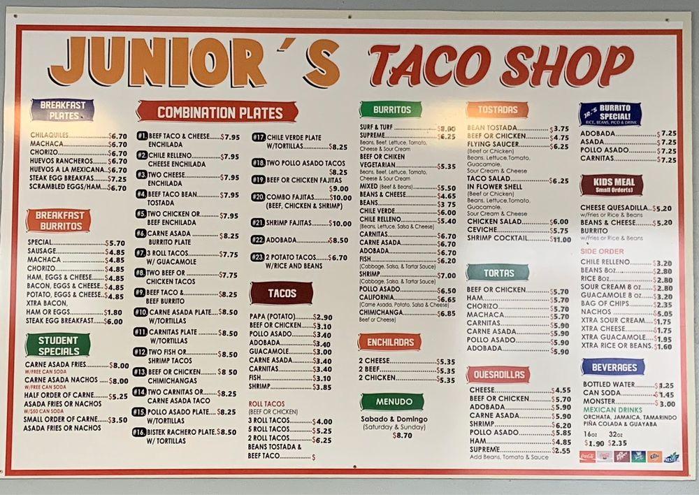 Menu at Junior's Taco Shop restaurant, Escondido