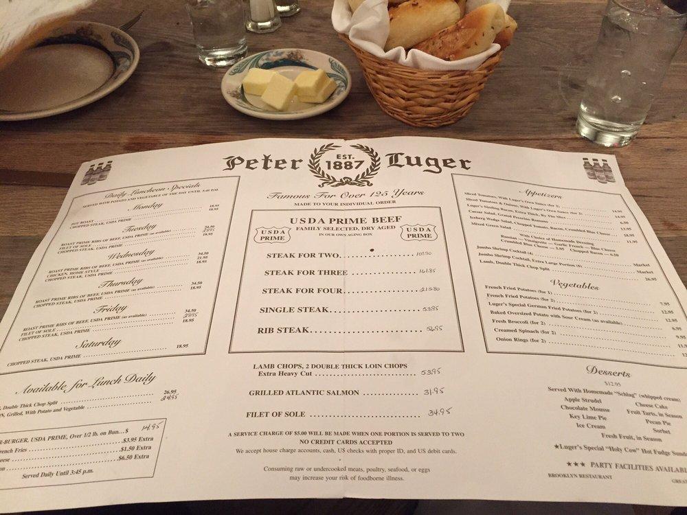 Carta de parrilla Peter Luger Steak House, Nueva York, 178 Broadway