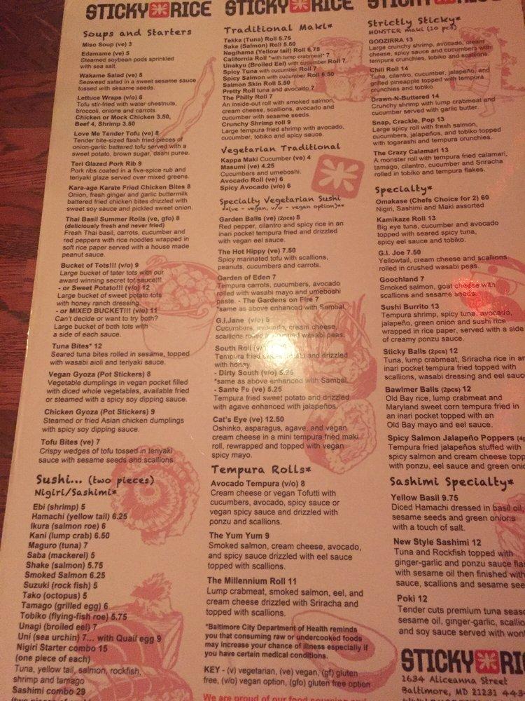 Menu at Sticky Rice restaurant, Baltimore