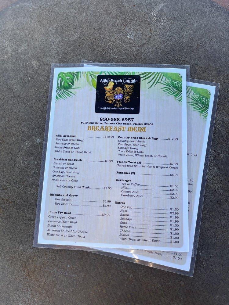 Menu at The Alibi Beach Lounge & Grill pub & bar, Panama City Beach