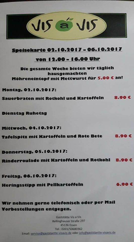 Speisekarte von Gaststätte Vis-à-Vis pub & Bar, Essen
